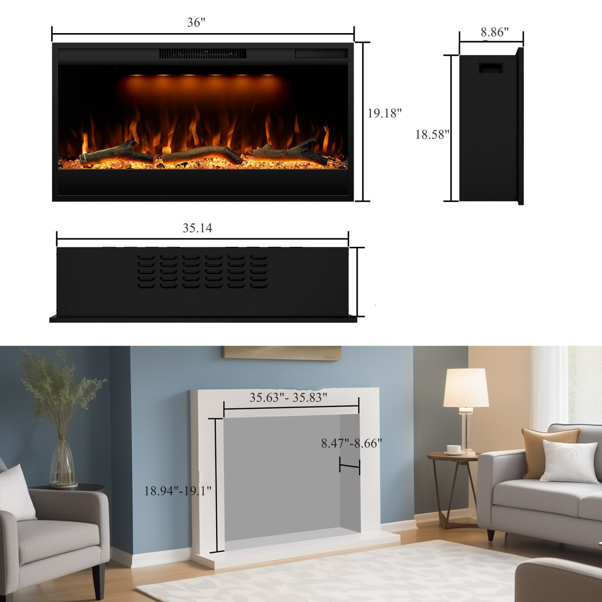 Symple Stuff Modern Recessed Electric Fireplace Inserts, 750W Or 1500W Heater Fireplace ...